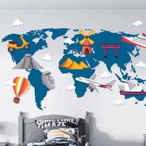 Travel World Map Wall Decal World Map Wall Sticker World Map Wall Decor ...