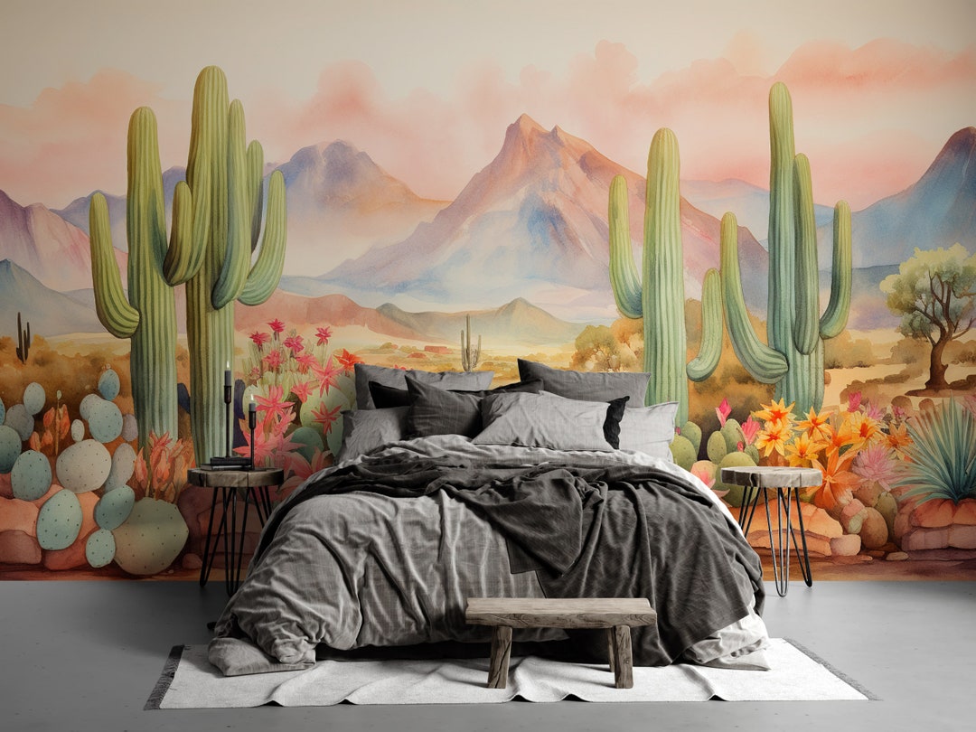 Desert Bloomscape | Watercolor Cactus Landscape Mural | Southwestern ...