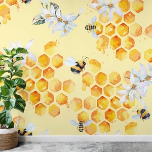 Bee Peel and Stick Wallpaper Yellow Honey Bees Wall Mural Self Adhesive ...