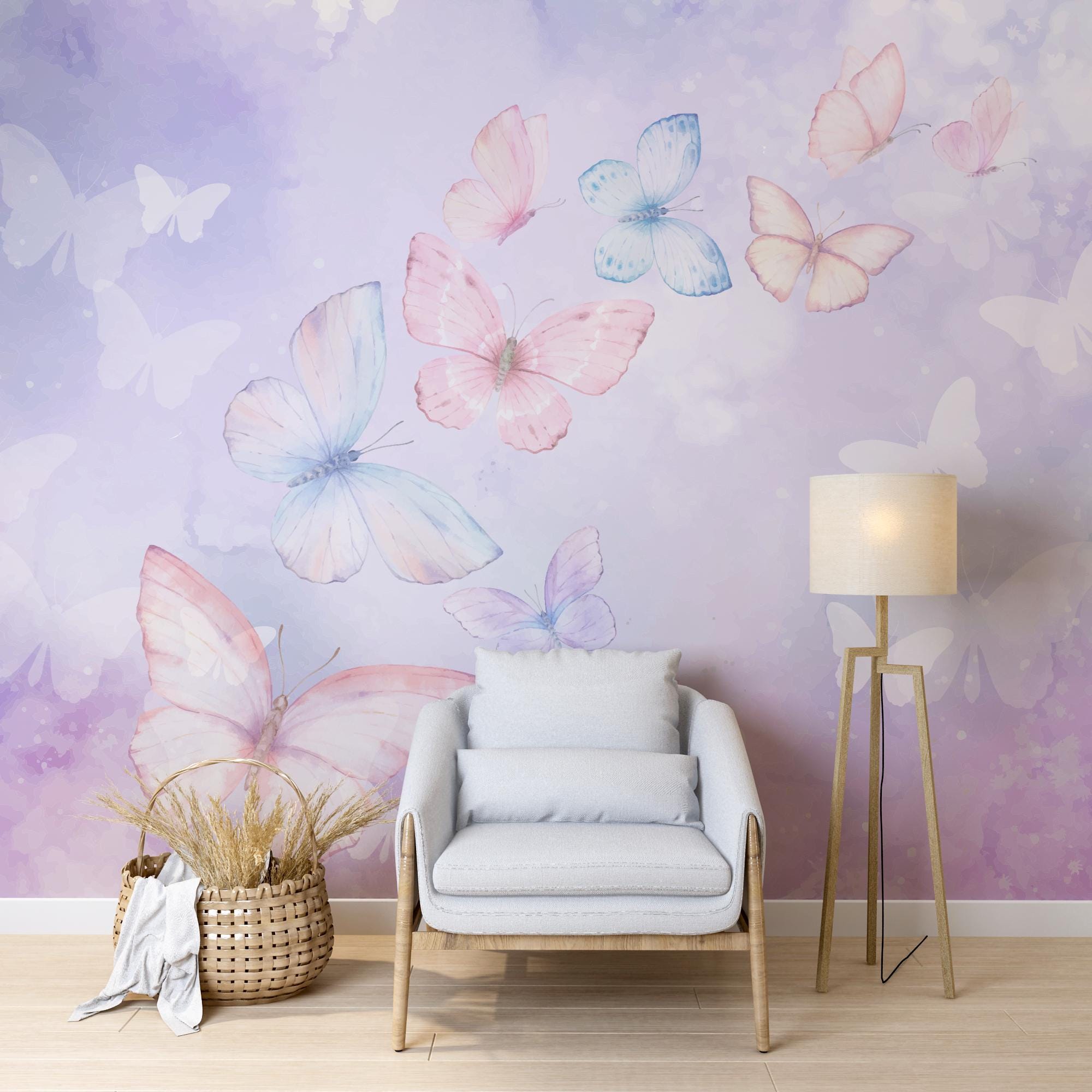 Flutter Bloom | Pastel Butterfly Mural Wallpaper | Watercolor Nursery ...