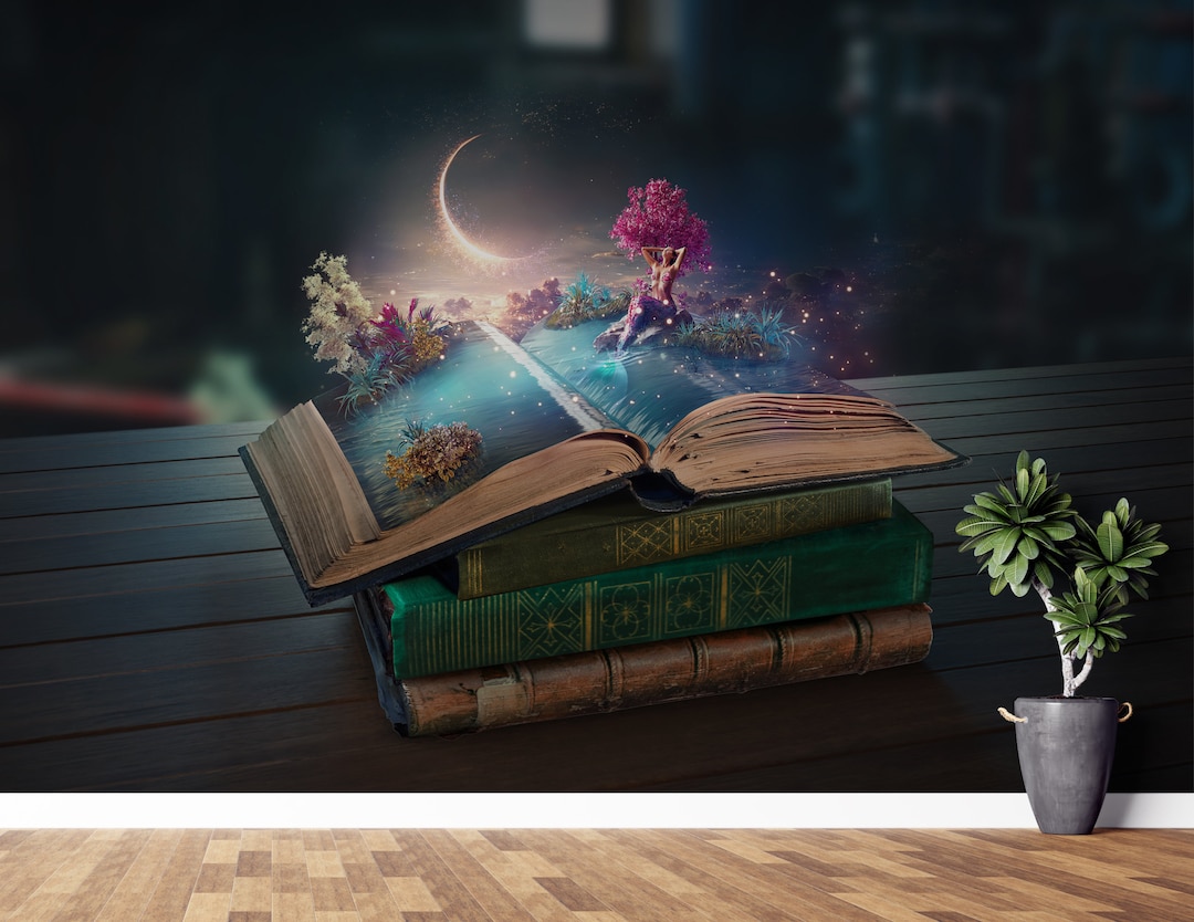 Open Book Wallpaper Peel and Stick Library Wall Decor Magic Mermaid ...