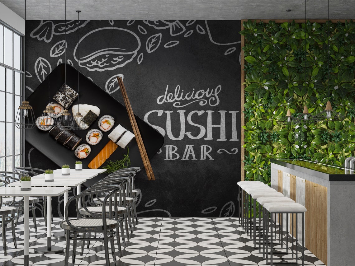 Sushi Bar Wall Mural | Japanese Restaurant Chalkboard Style | Peel ...