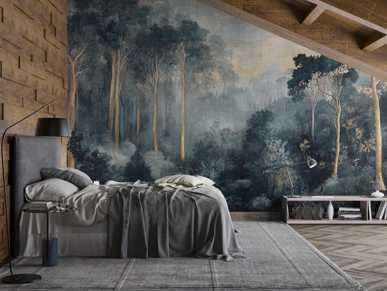 Dark Forest Mural Wallpaper | Vintage Misty Woodland Peel and Stick ...