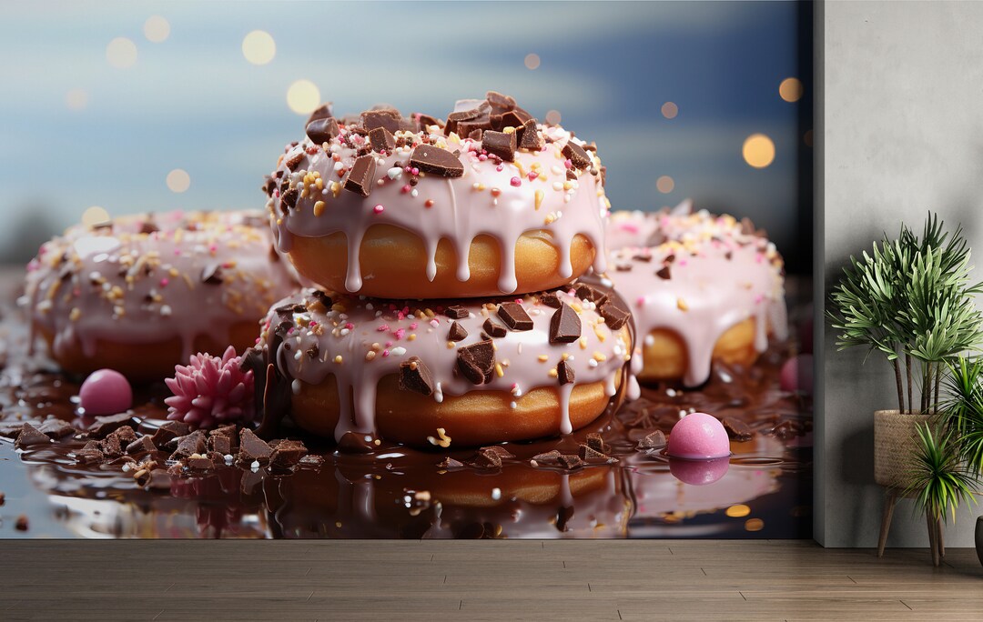 Donut Wall Mural | Peel & Stick Bakery Cafe Wallpaper | Dessert Shop ...