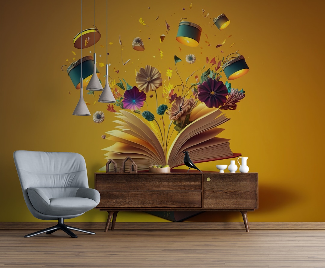 Open Book Wallpaper Peel and Stick Line Art Library Wall Decor Self ...