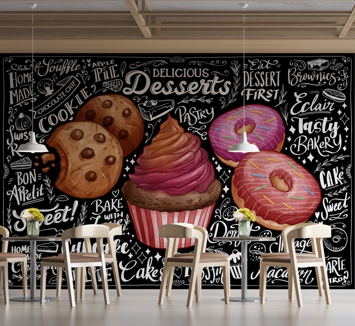 Sweets Desserts Wallpaper | Peel & Stick Bakery Cafe Mural | Cupcake ...