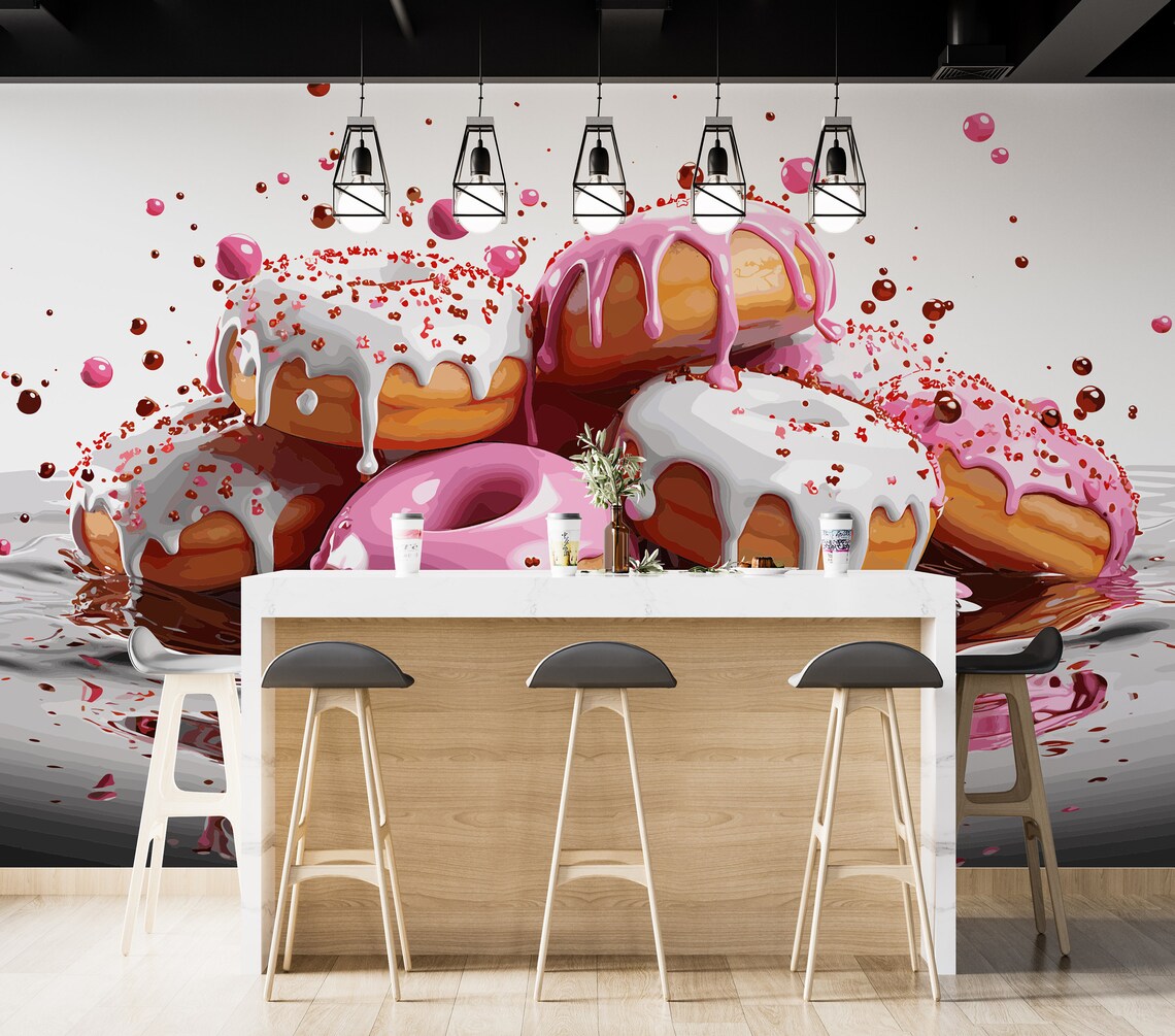 Donut Wall Mural | Peel & Stick Bakery Wallpaper | Cafe Dessert Sweet ...