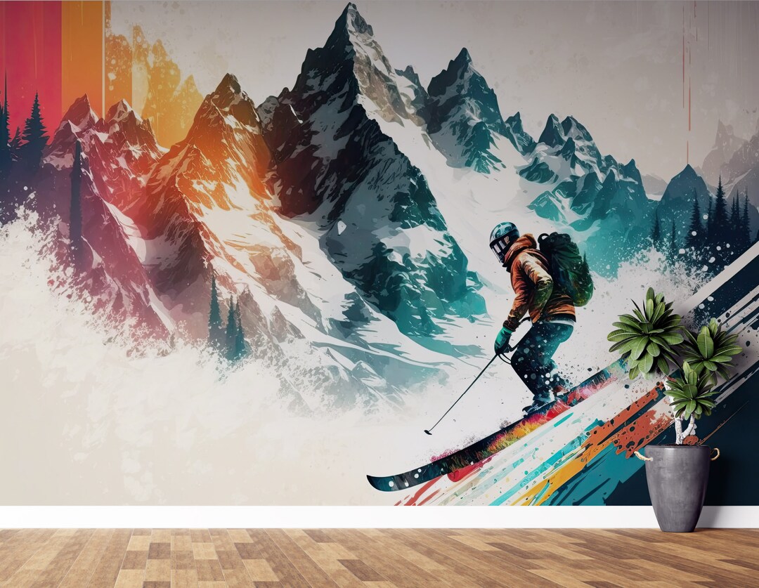 Alpine Descent | Skiing Mountain Mural Wallpaper | Winter Sports Wall ...