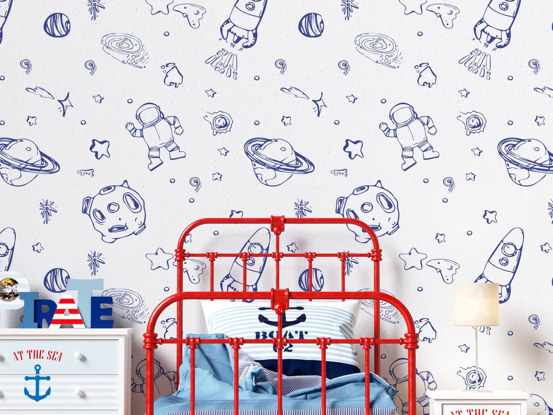 Outer Space Peel and Stick Wallpaper Space Planets Rocket Ship ...