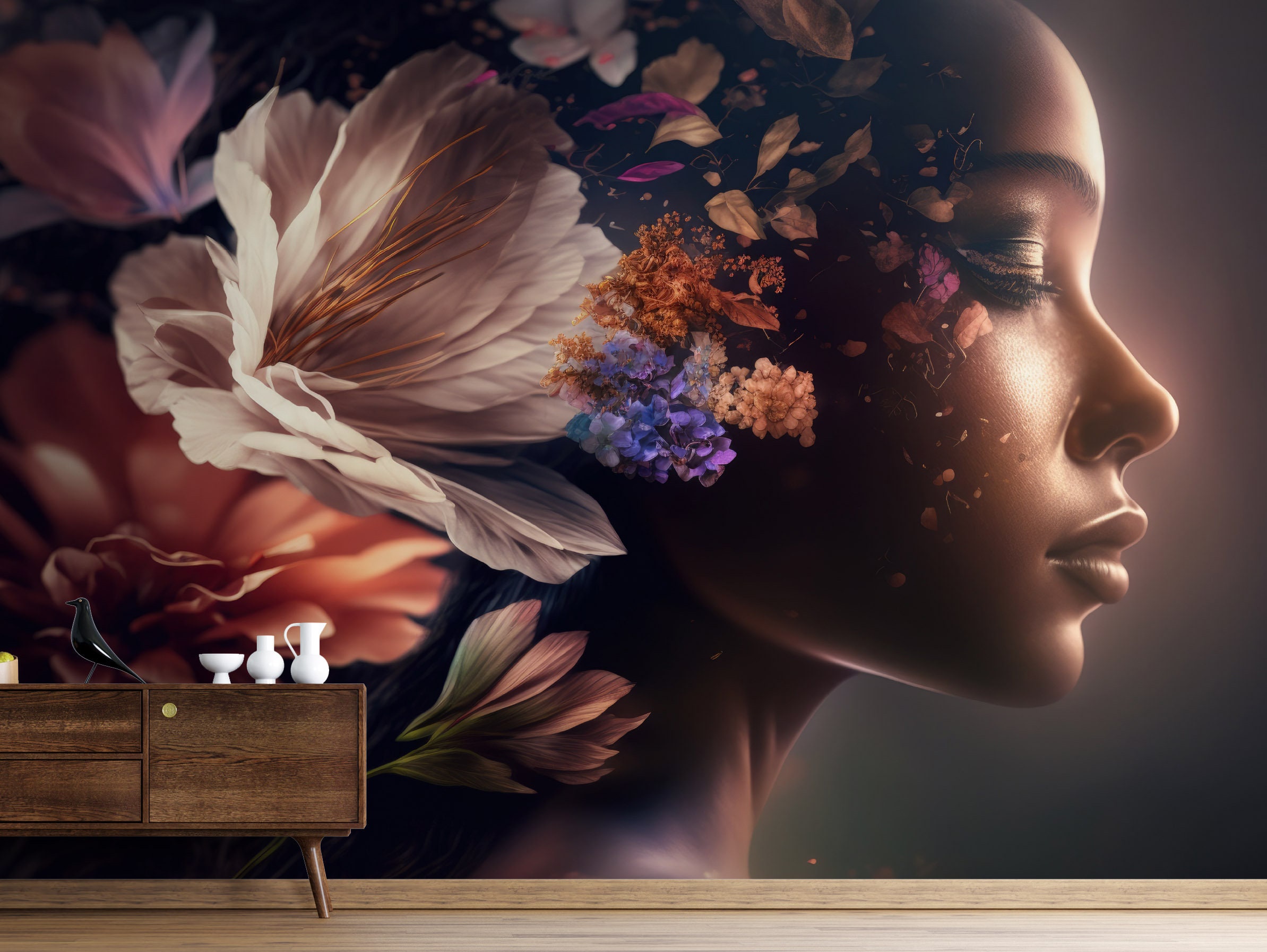 Blossom Muse Portrait Mural Woman Face With Flowers Beauty Salon Art ...