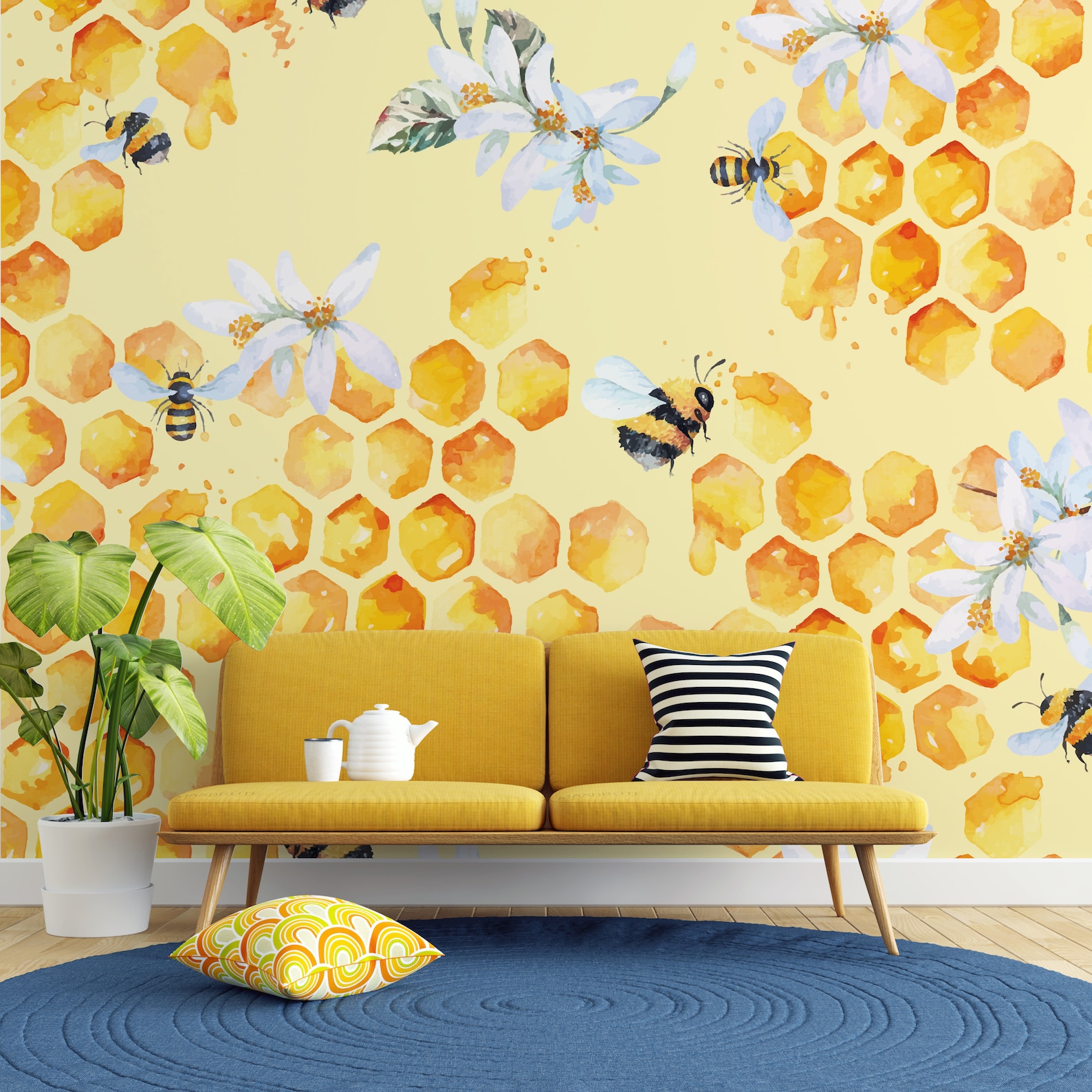 Bee Peel and Stick Wallpaper Yellow Honey Bees Wall Mural Self - Etsy