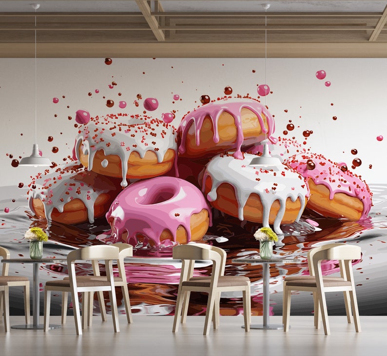 Donut Wall Mural | Peel & Stick Bakery Wallpaper | Cafe Dessert Sweet ...