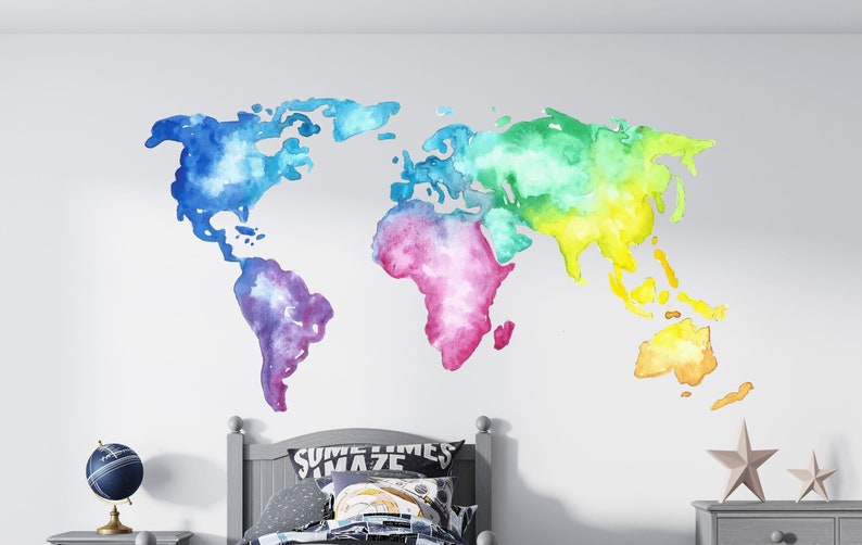Watercolor World Map Wall Decal World Map Wall Sticker - Etsy