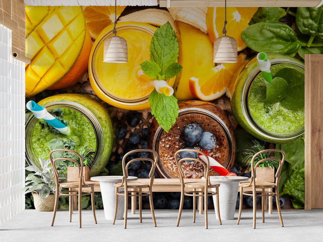 Fruit Drink Wall Graphics Peel and Stick Fruit Wallpaper Smoothie Cafe ...