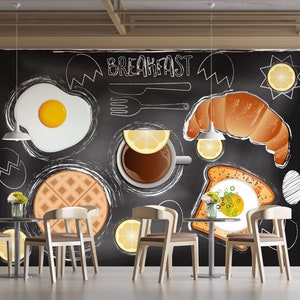 Breakfast Diner Wallpaper | Eggs Coffee Toast Peel & Stick Wall Mural ...