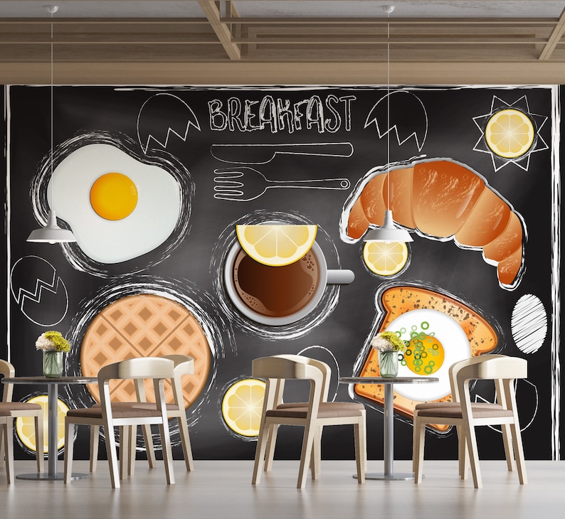Breakfast Diner Wallpaper | Eggs Coffee Toast Peel & Stick Wall Mural ...