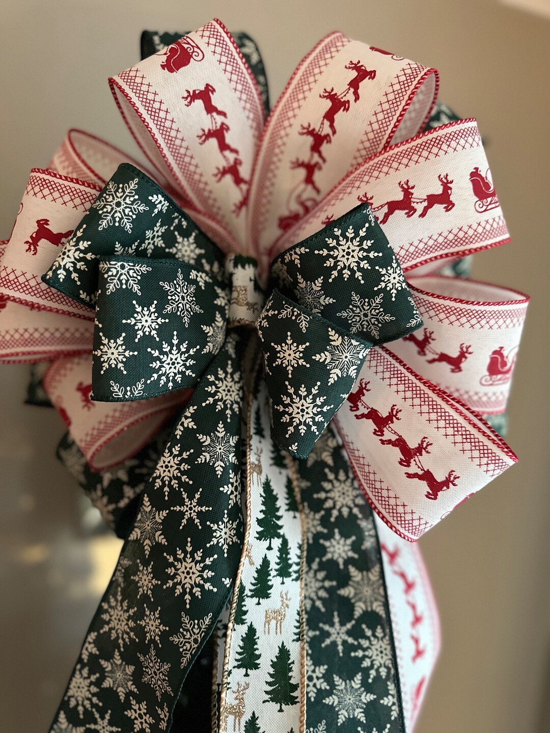 Reindeer Christmas Tree Topper Bow: Handmade Winter Decor - Etsy