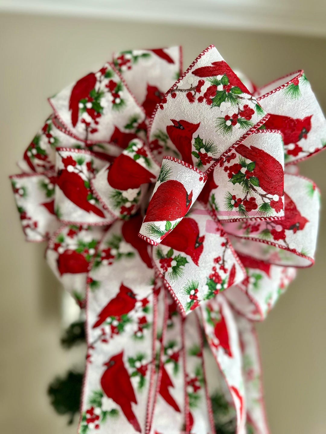 Red Cardinal Print Bow: Handcrafted Winter Decor, Tree Topper, Swag - Etsy