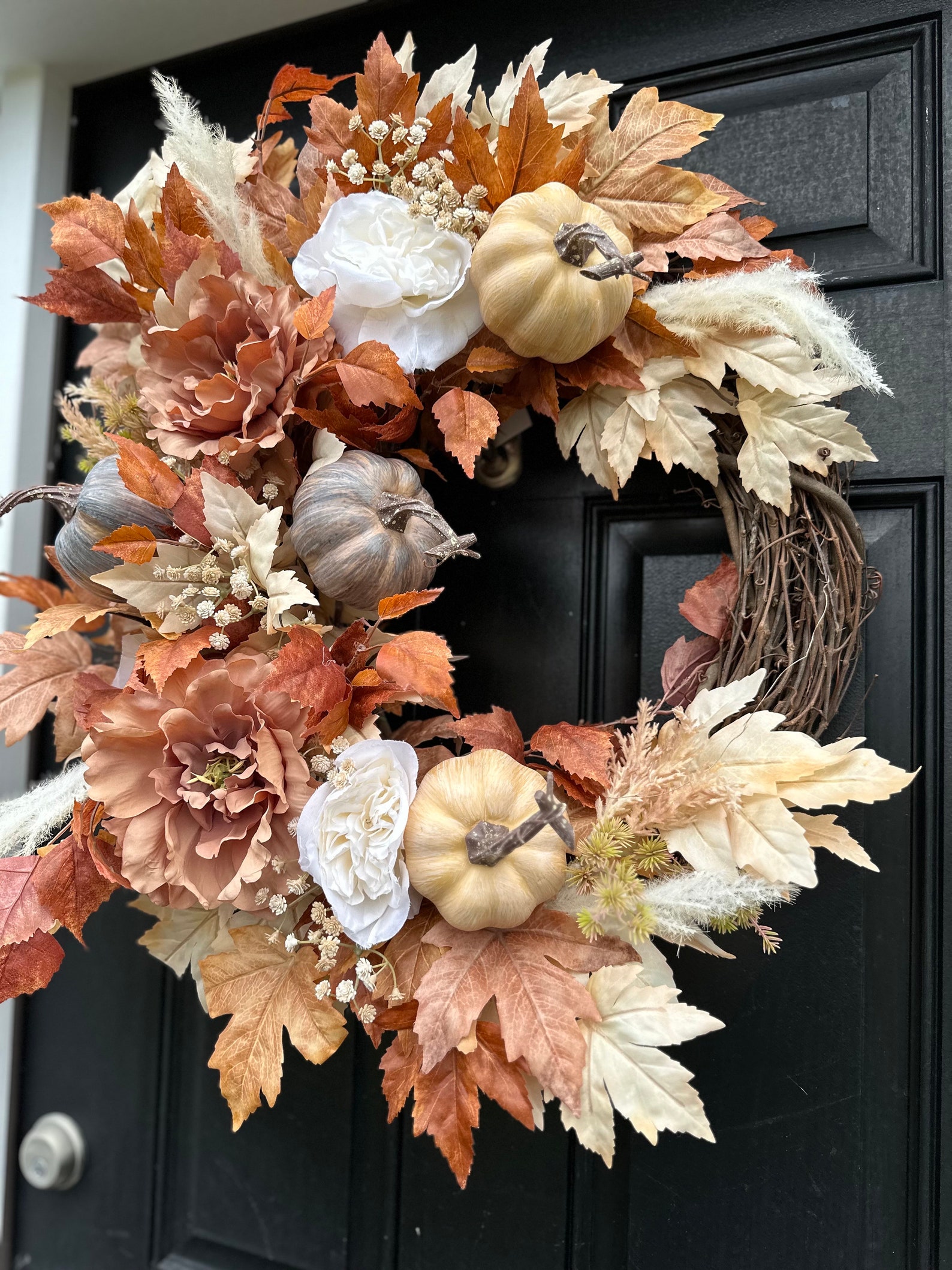 Boho Fall Wreath With for Front Door W/ Autumn Leaves and Wheat Grasses ...