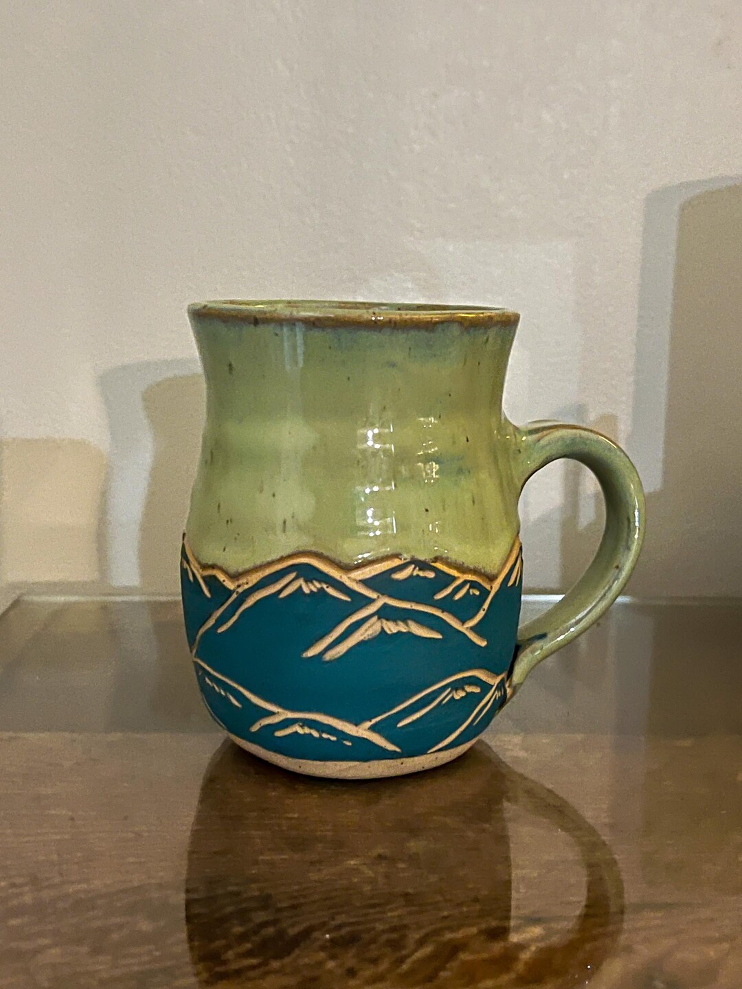 Preorder Hand Carved Mountain Mug: Teal Ceramic Coffee Cup (14-16 Oz ...
