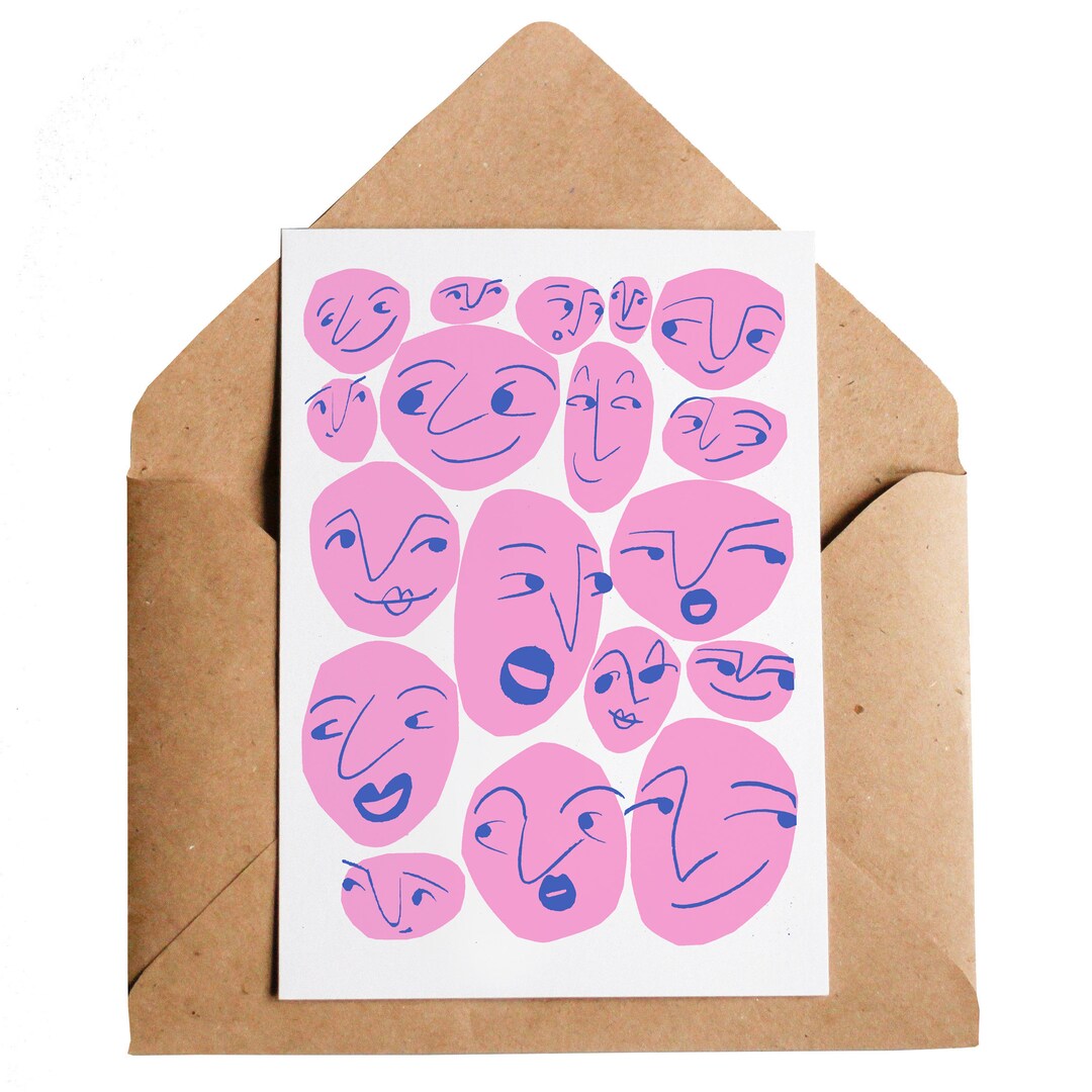 Catch up Card, A6 | Faces Talking | Pink Navy Blue Retro Mid Century ...
