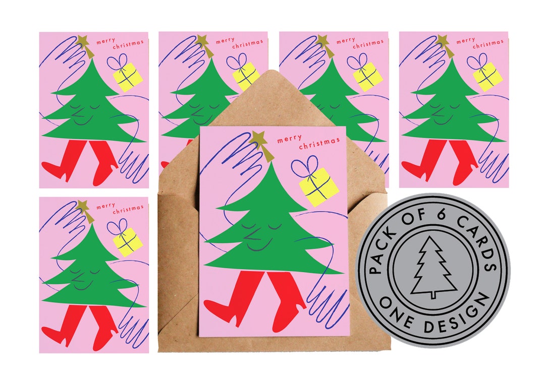 Pack of 6 Christmas Cards Merry Christmas Dressing Tree Card Bundle ...