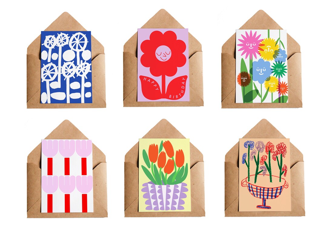 Flower Card Bundle of 6 | Illustrated Greeting Cards Set | Tulips Daisy ...