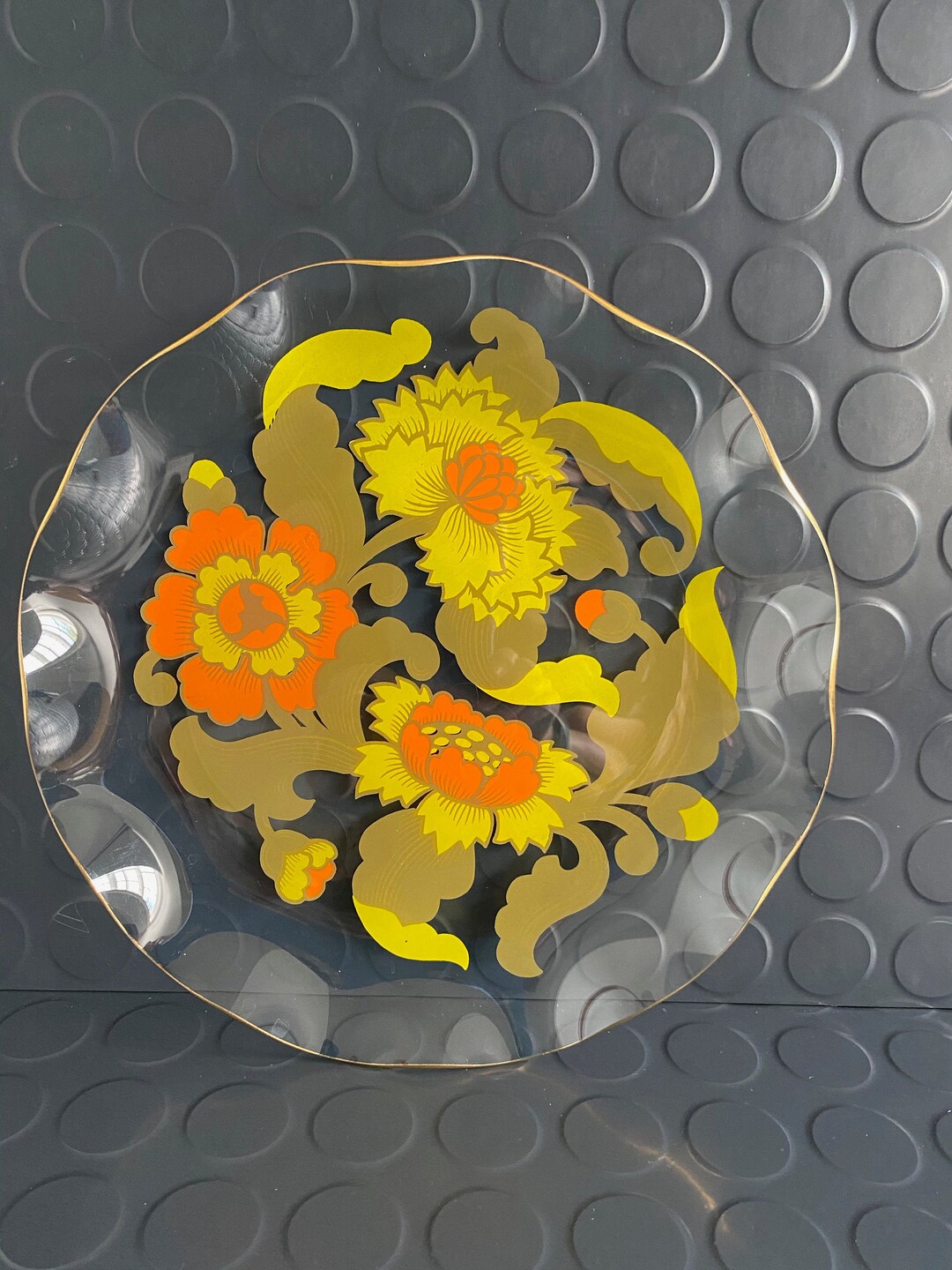 Chance Glass Decorative Round Plate Orange and Yellow Floral Design ...