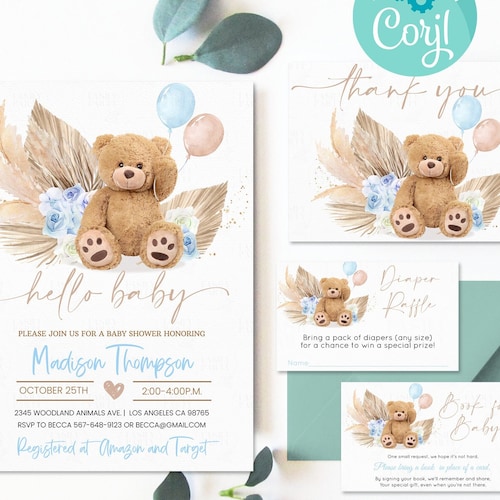Editable Teddy Bear Baby Shower Invitation Bundle With Teddy - Etsy