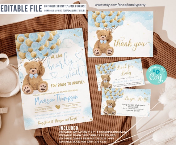 Editable Teddy Bear Baby Shower Invitation Set Bear Themed Invite ...