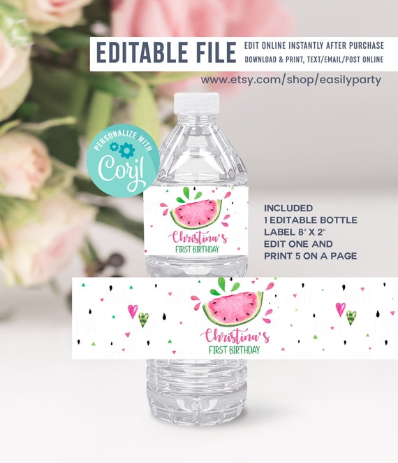 EDITABLE Watermelon Bottle Label, Pink One in a melon Water labels ...
