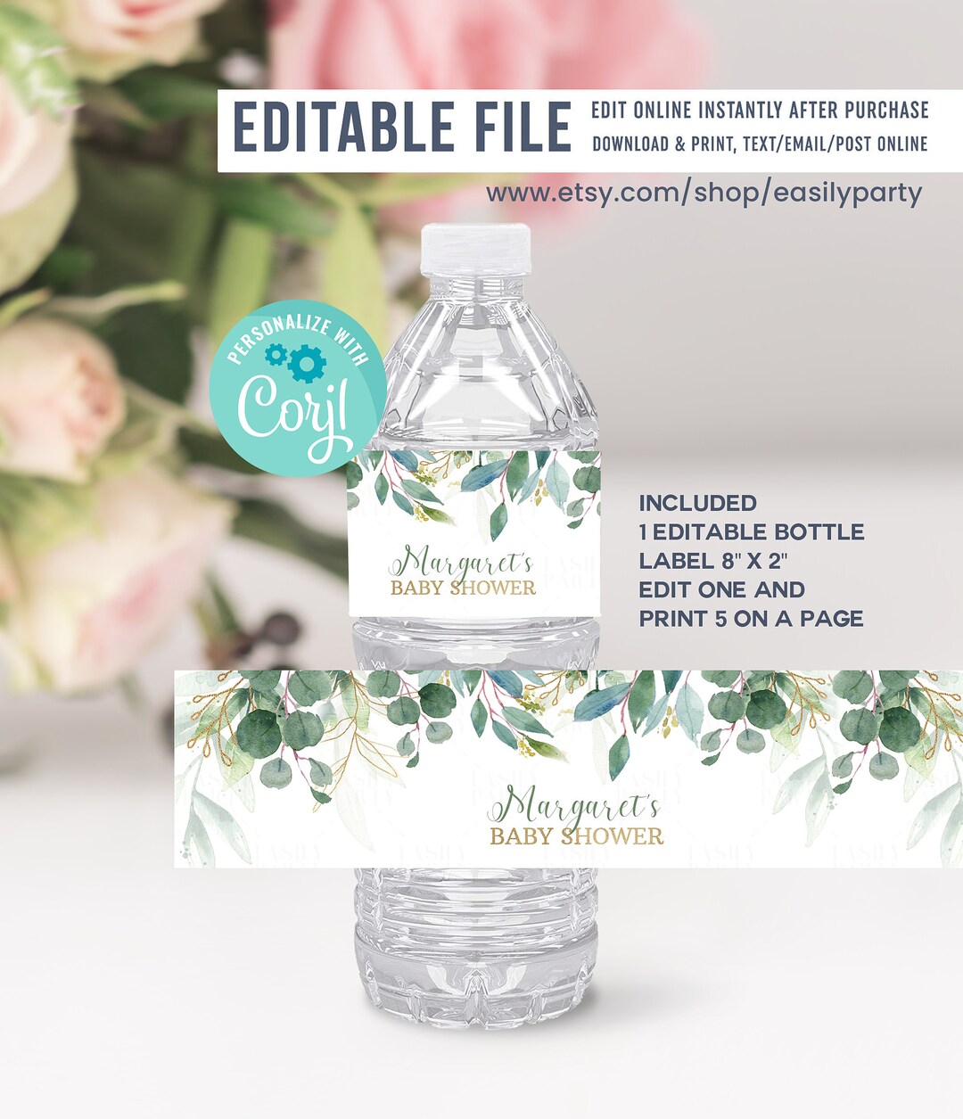 Editable Greenery Baby Shower Water Bottle Label Gender - Etsy