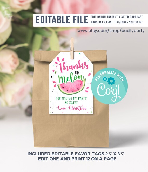 EDITABLE One in a Melon Thank You Tags, Watermelon Favor Tag, Pink ...