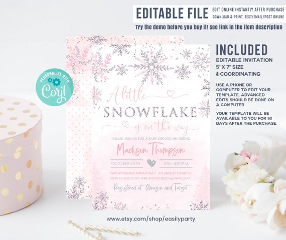 Editable Snowflake baby shower invitation, A little snowflake is on the ...