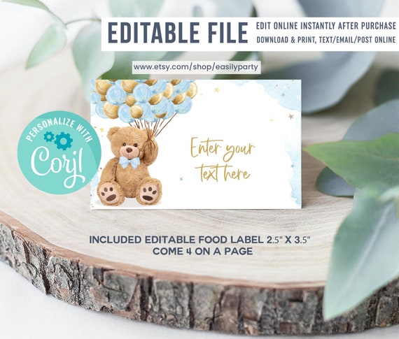 EDITABLE Teddy bear Baby shower Food tags, Buffet label, Tent card Food ...