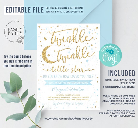 EDITABLE Twinkle Twinkle Little Star Baby Shower invitation, Boy Baby ...