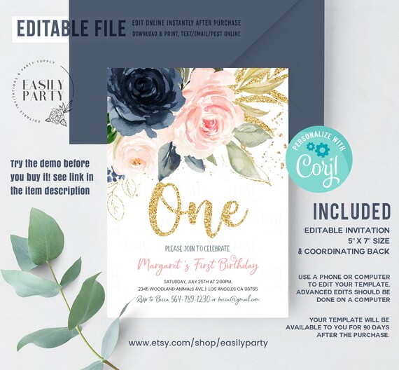 Editable Blush Navy Gold Floral First Birthday Invitation, 1st birthday ...
