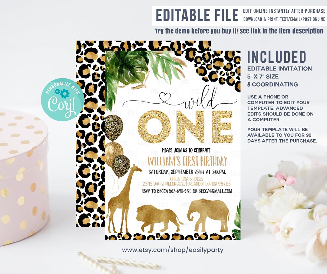 Editable Wild One Leopard Print Jungle Birthday Party - Etsy