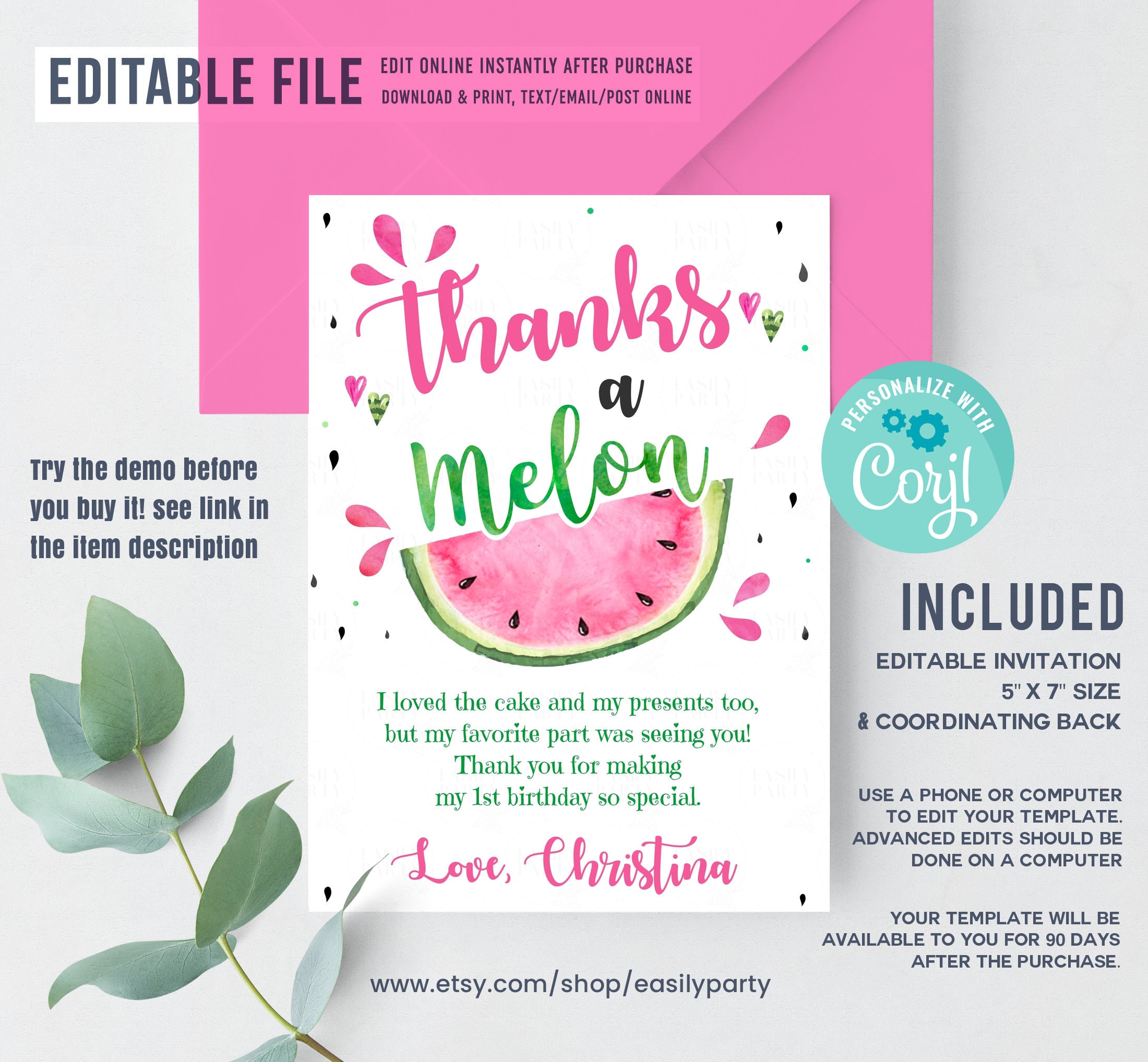 Editable Watermelon Thank you card One in a melon Note card | Etsy