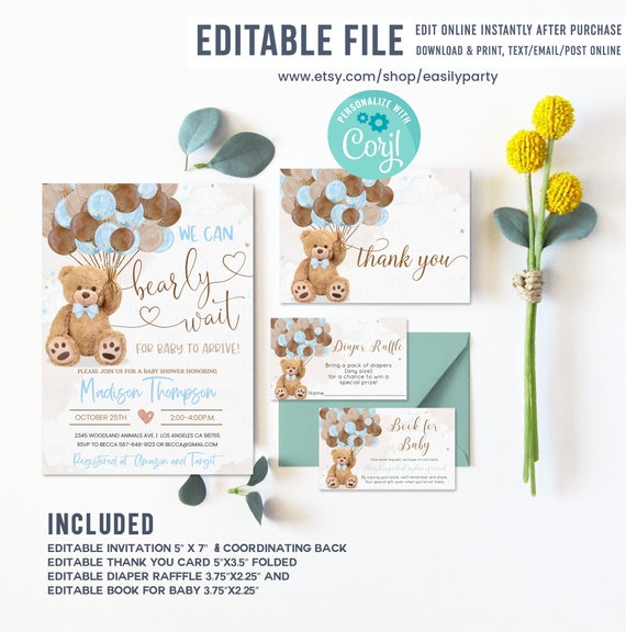 Editable Teddy Bear Baby Shower Invitation Set Bear Themed Invite ...