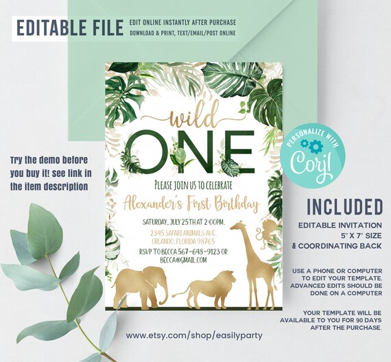 EDITABLE Safari Party Invitation, Gold Jungle Birthday Invitations ...