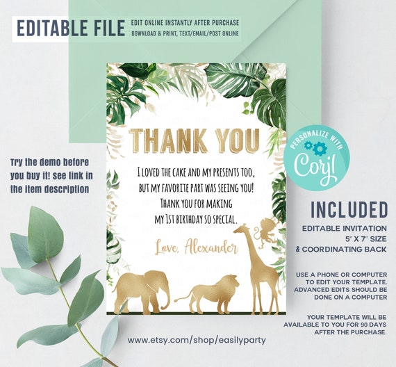 EDITABLE Safari Thank you card, Gold Jungle Birthday Thank you note ...