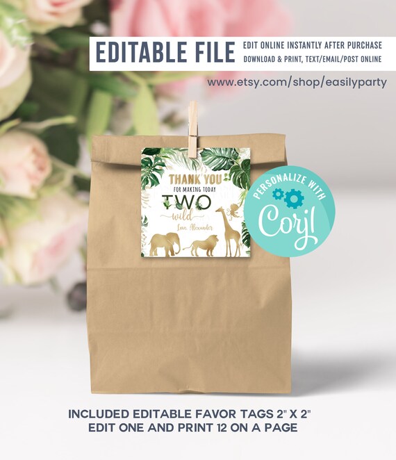 EDITABLE Safari Favor Tags Gold Jungle Birthday Thank You | Etsy