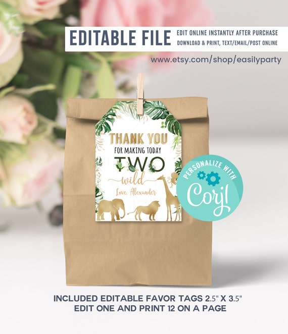 EDITABLE Safari Favor tags, Gold Jungle Birthday Thank you tags, Two ...
