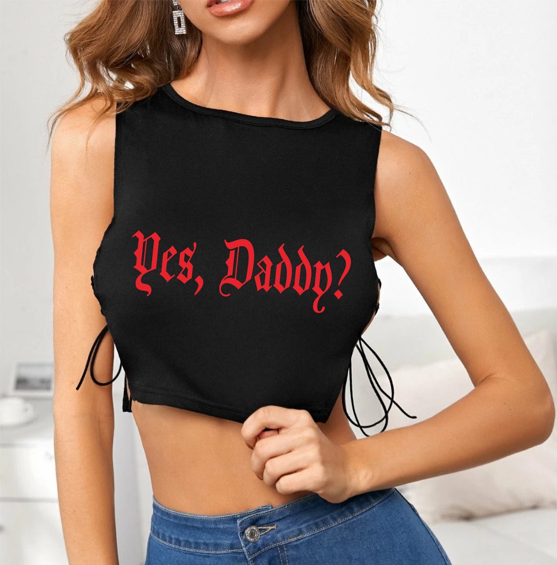 Yes Daddy Lace Up Crop Top Shirt Black Tie Sides Ladies Etsy