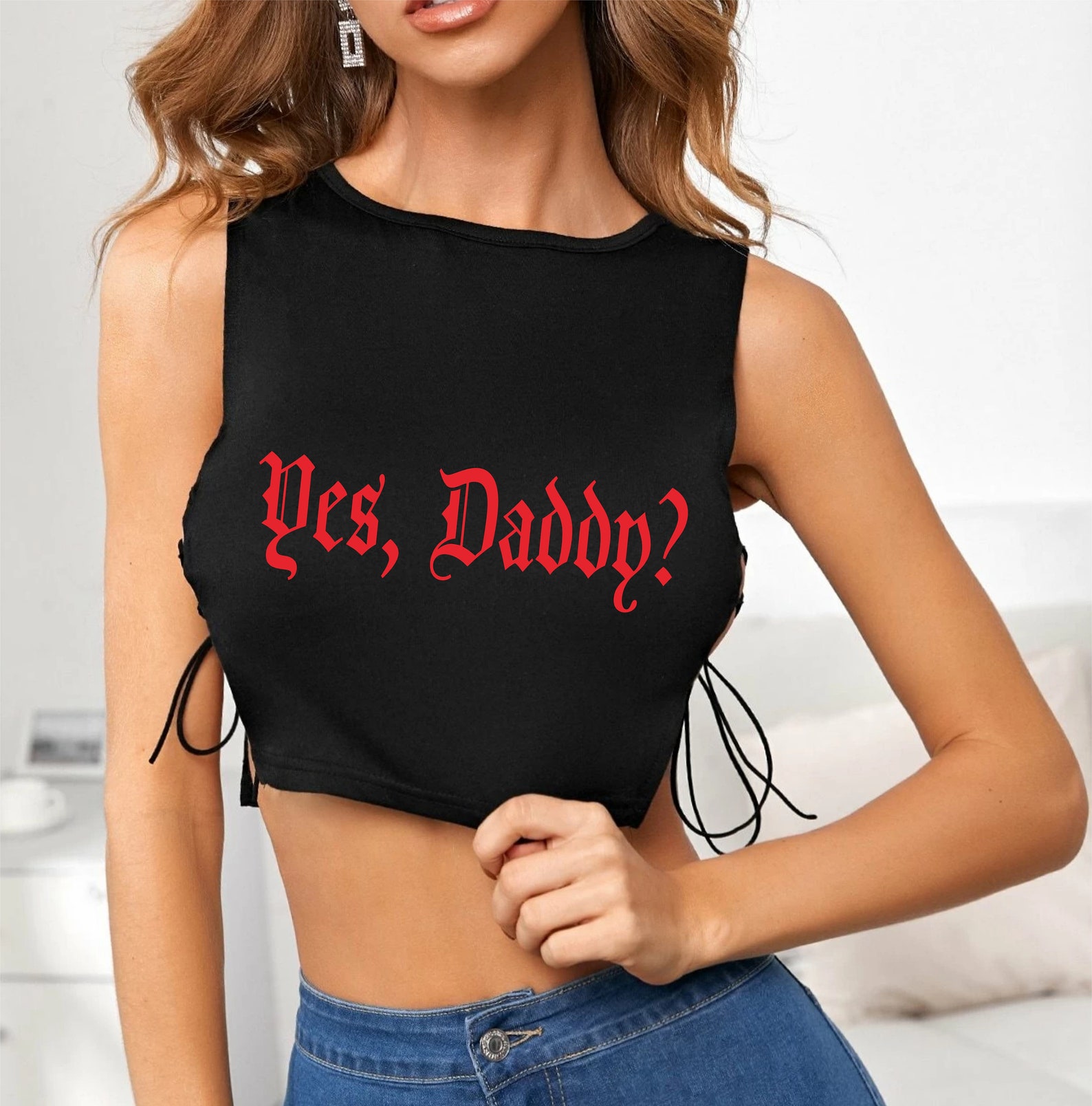Yes Daddy Lace Up Crop Top Shirt Black Tie Sides Ladies Etsy
