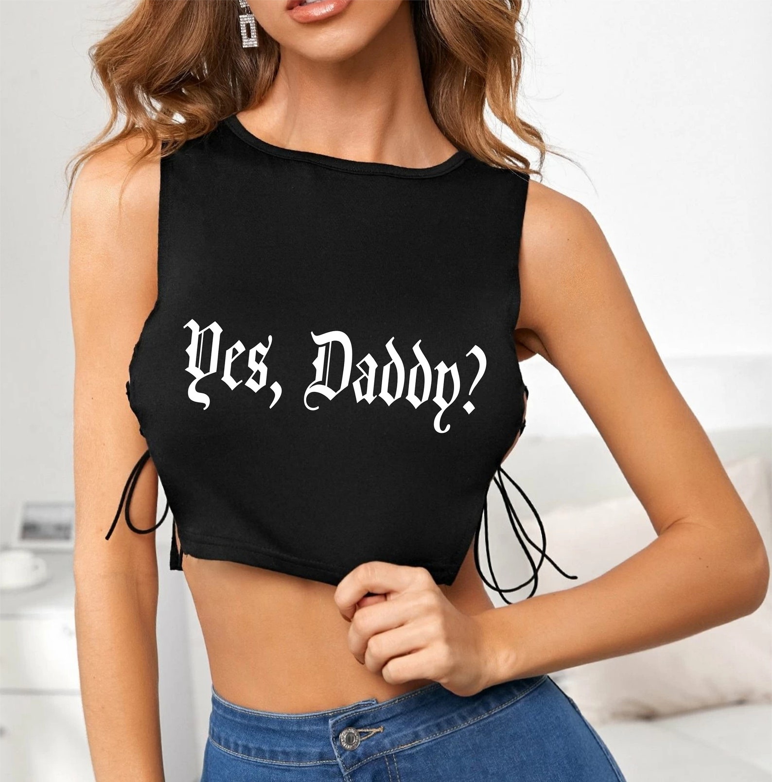 Yes Daddy Lace Up Crop Top Shirt Black Tie Sides Ladies Etsy