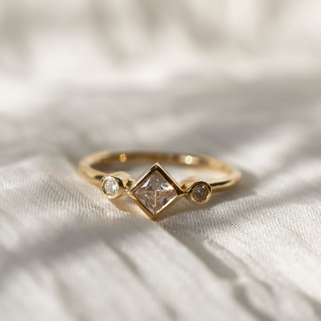 Princess Cut Diamond Gold Ring, Solitaire Diamond Ring, Dainty 14k Gold ...