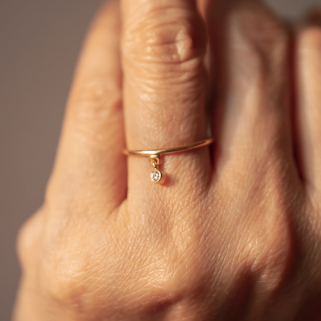 Tiny Diamond Charm Ring, 14k Solid Gold Minimal Engagement Ring, Smooth ...