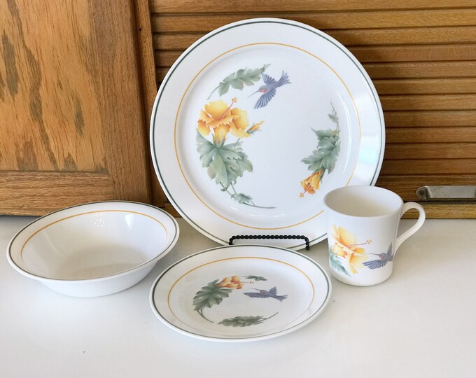 Vintage Corelle Blue Hummingbird Dinnerware Set for 1 Plates Bowl Mug ...